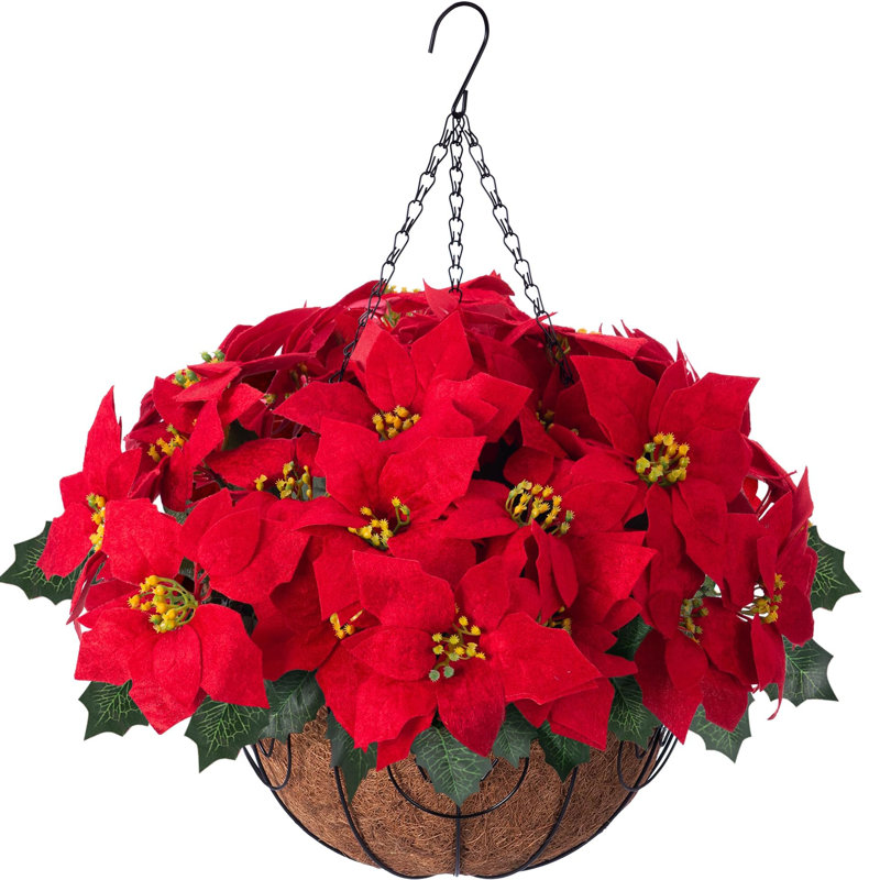 Alcott Hill® Artificial Fake Christmas Hanging Flowers Plants Basket for Outdoor New Year ...
